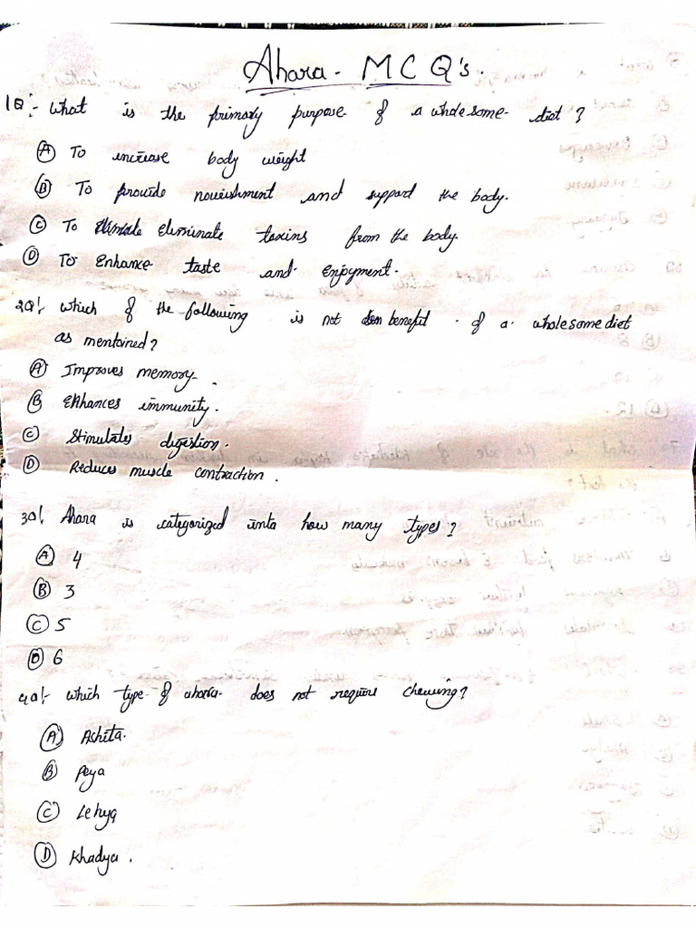 Ahara MCQ's With Answer Key | PDF