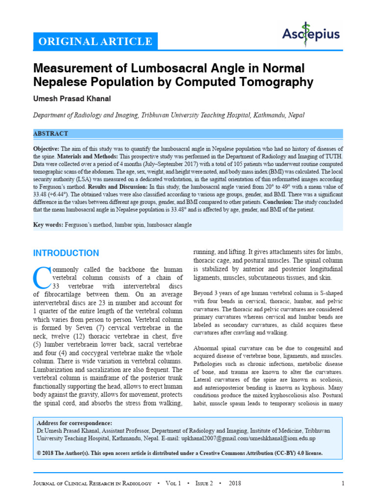 Measurement of Lumbosacral Angle in Normal Nepales | PDF | Vertebral ...