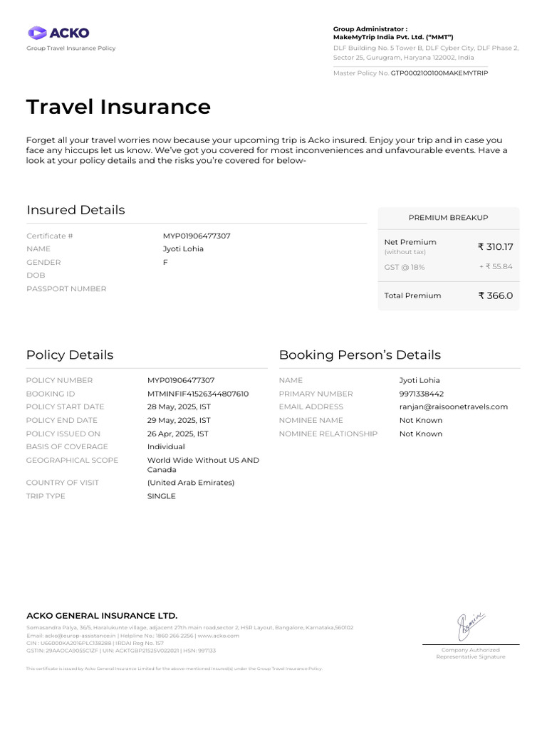 Acko Group Travel Insurance Policy | PDF | Deductible | Insurance