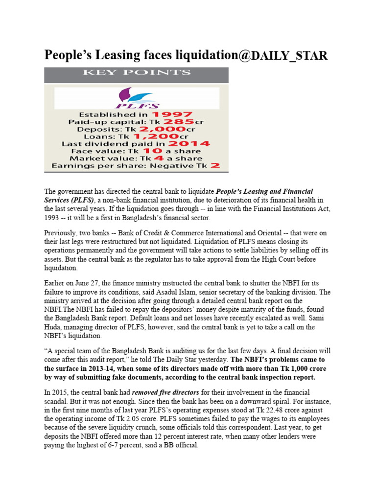 Liquidation of People’s Leasing in Bangladesh | PDF | Banks | Non Bank ...