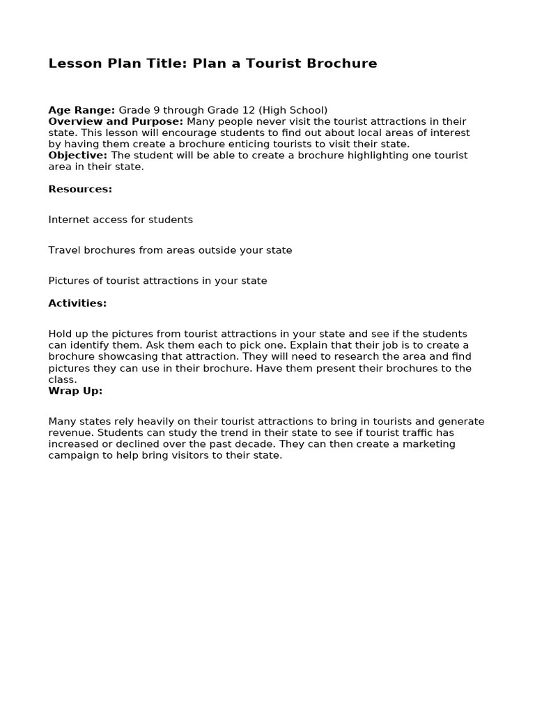 Plan A Tourist Brochure. Lesson Plan Title | PDF