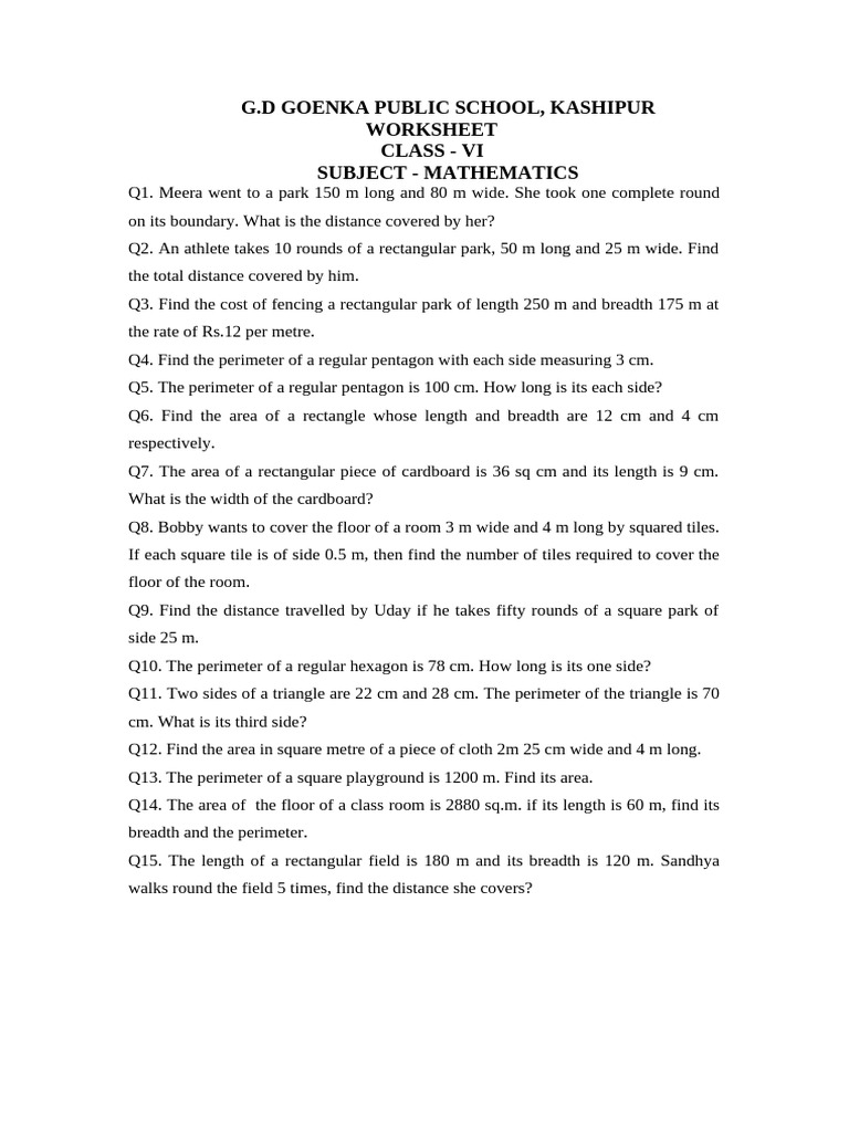 Class VI Mathematics Worksheet | PDF