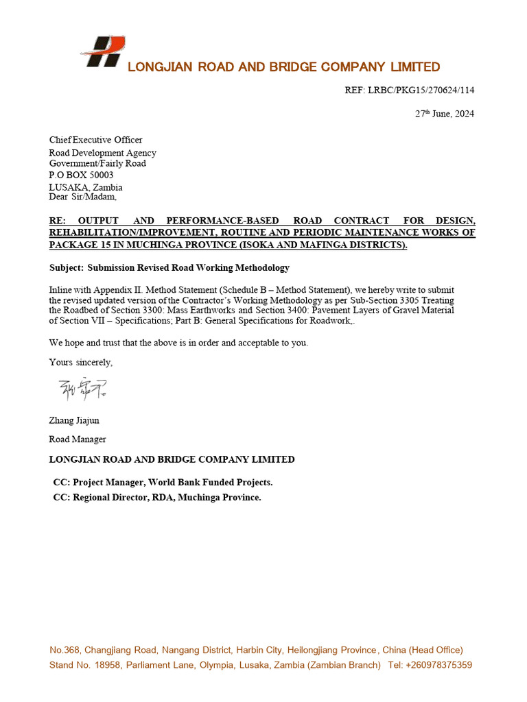 OPRC15 Letter No.114 - Submission Revised Road Working Methodology | PDF