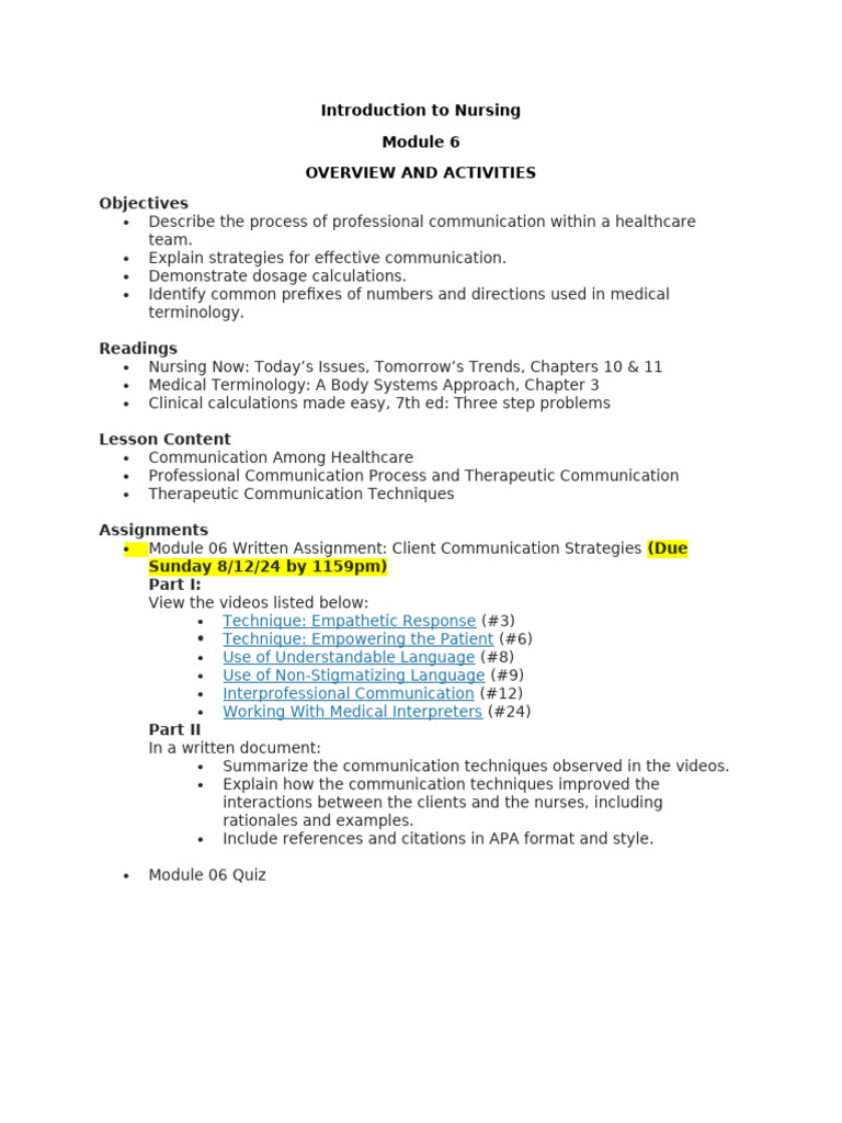 Intro to Nursing_module 6 Overview and Activities Summer 2024 (Sh) | PDF
