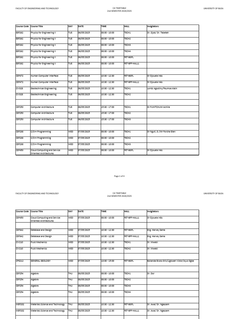 FET 2nd Semester Timetable 2024/2025 | PDF | Engineering | Physical ...