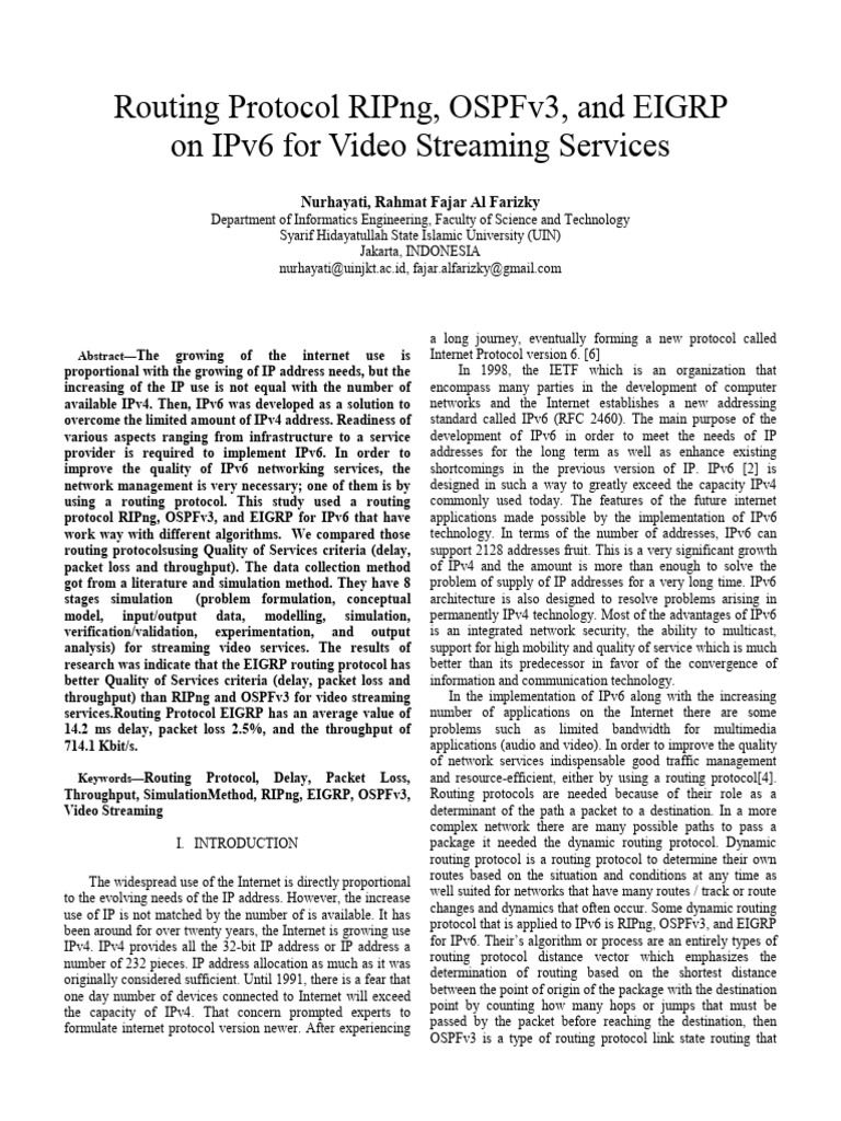 Routing Protocol RIPng, OSPFv3, and EIGRP On IPV6 For Video Streaming Services | PDF | Routing ...