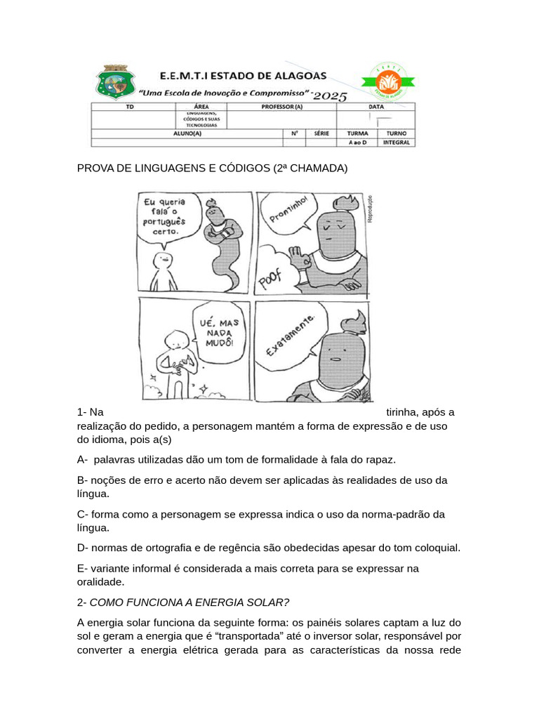 Prova de Linguagens e Códigos (2 Chamada) | PDF | Romantismo