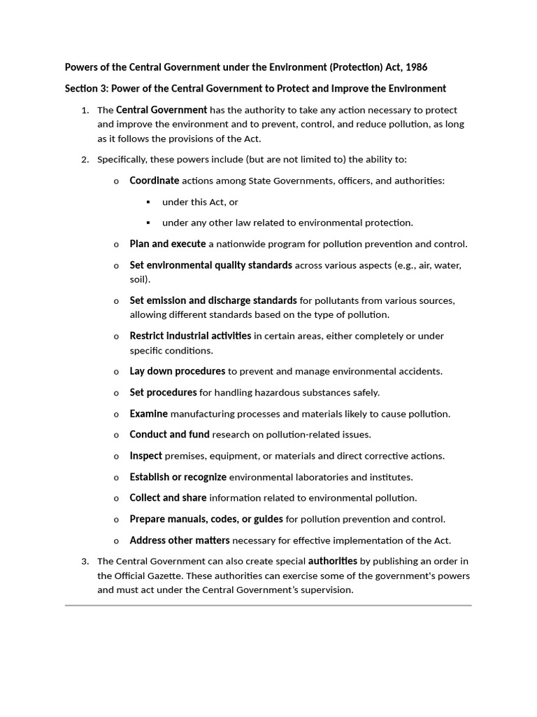 Central Government Powers in EPA 1986 | PDF | Pollution | Crimes
