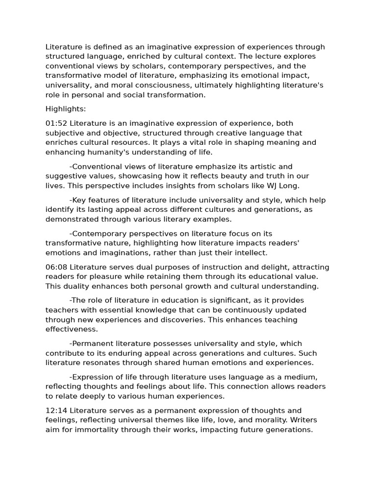 Literature Is Defined As An Imaginative Expression of Experiences ...