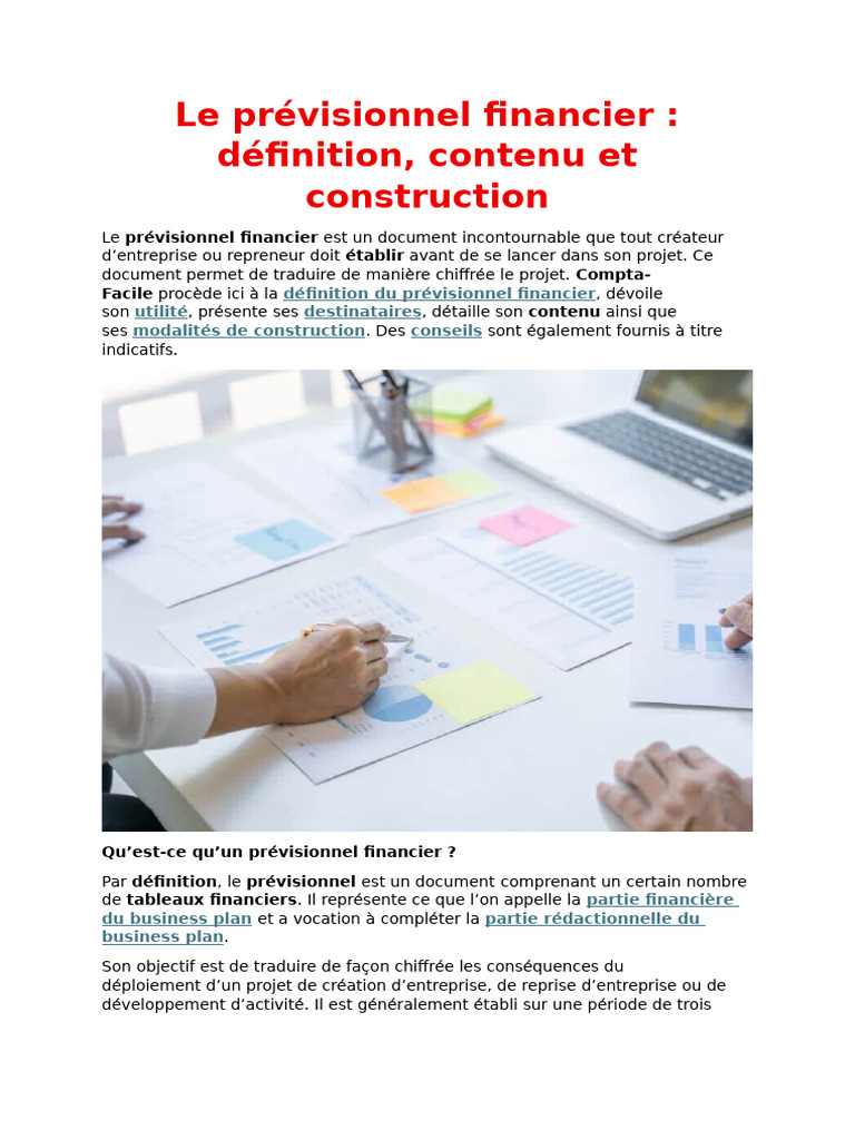 Définition et construction du prévisionnel financier | PDF | Bilan ...