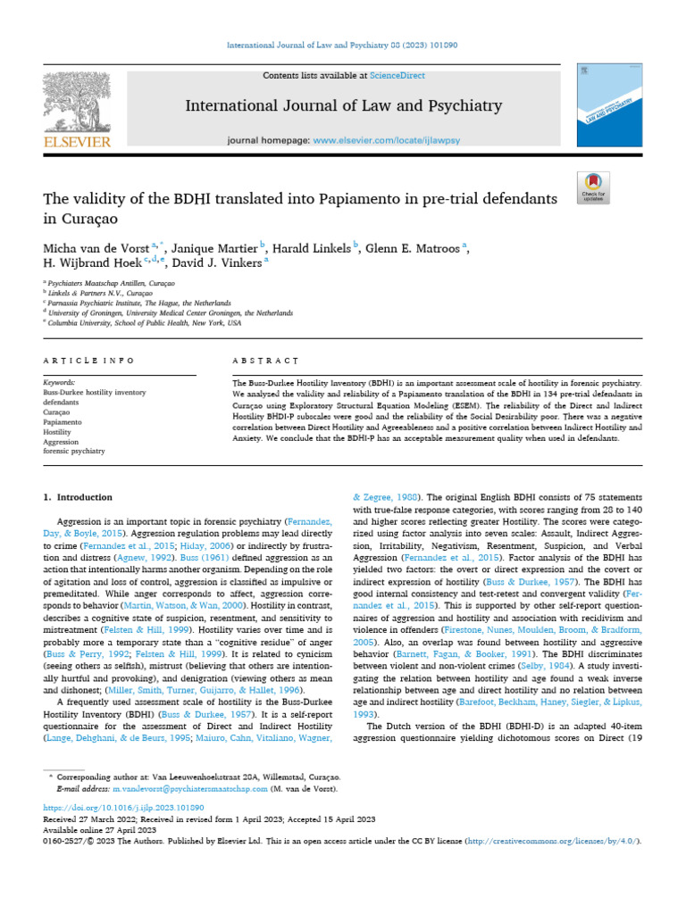 The Validity of The BDHI Translated Into Papiamento in Pre-Trial ...