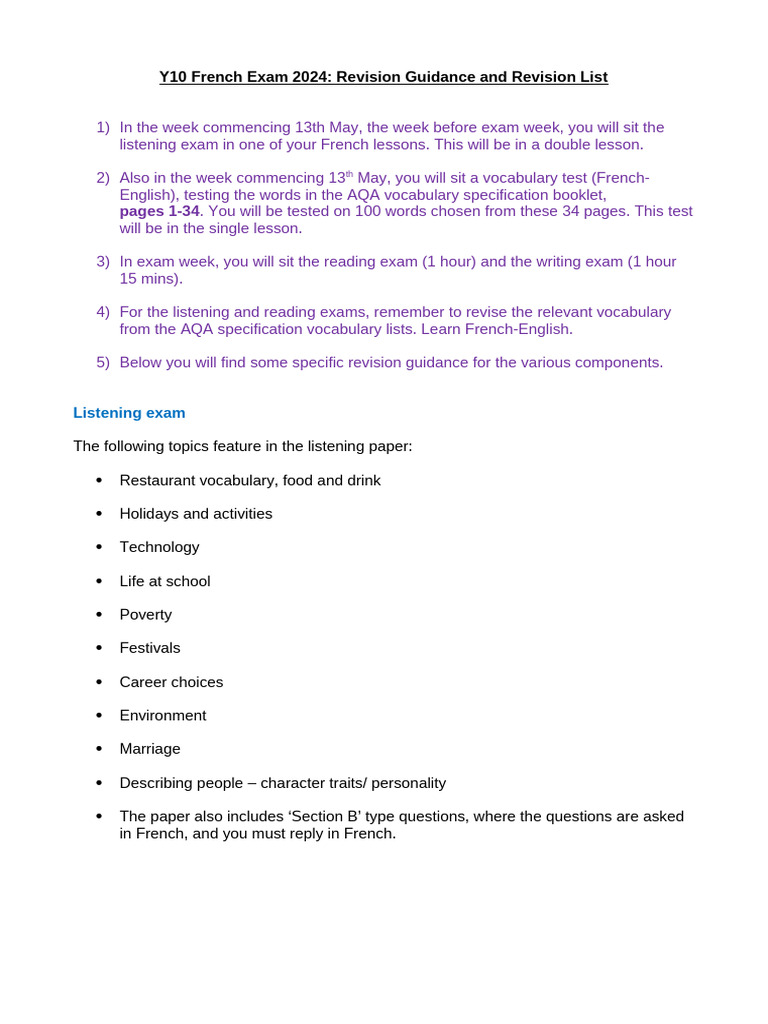Y10 French Exam 2024 Revision Guide | PDF | Grammatical Tense | Vocabulary