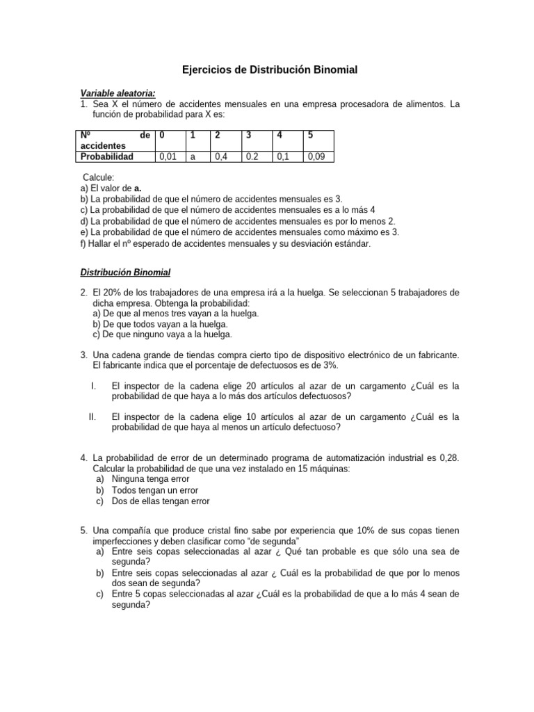 Ejercicios de Variable Aleatoria y Distribución Binomial | PDF