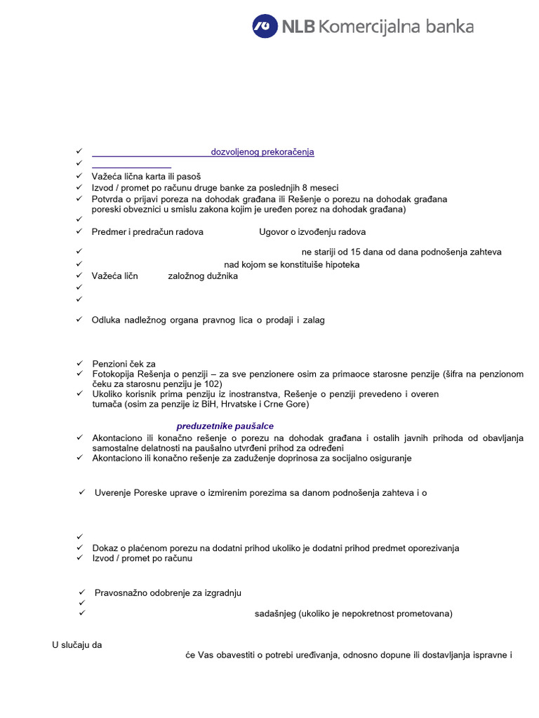 Stambeni Sa I Bez Osiguranja Kod NKOSK Potrebna Dokumentacija | PDF