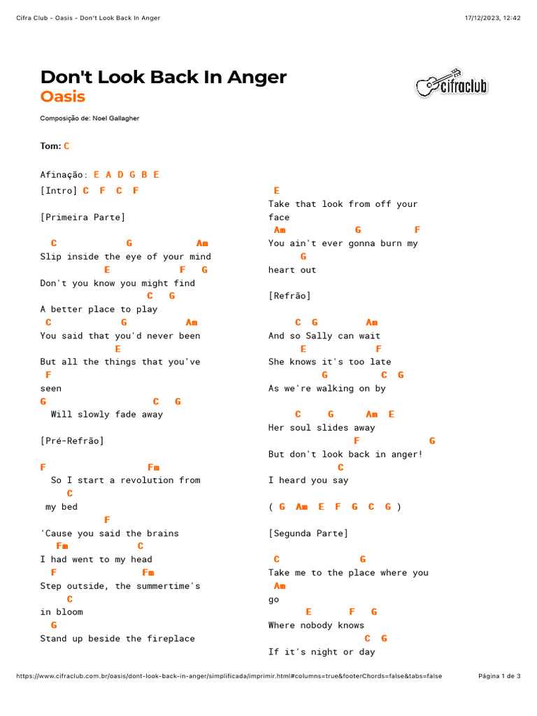 Oasis: Don't Look Back In Anger Lyrics | PDF | British Rock Songs ...
