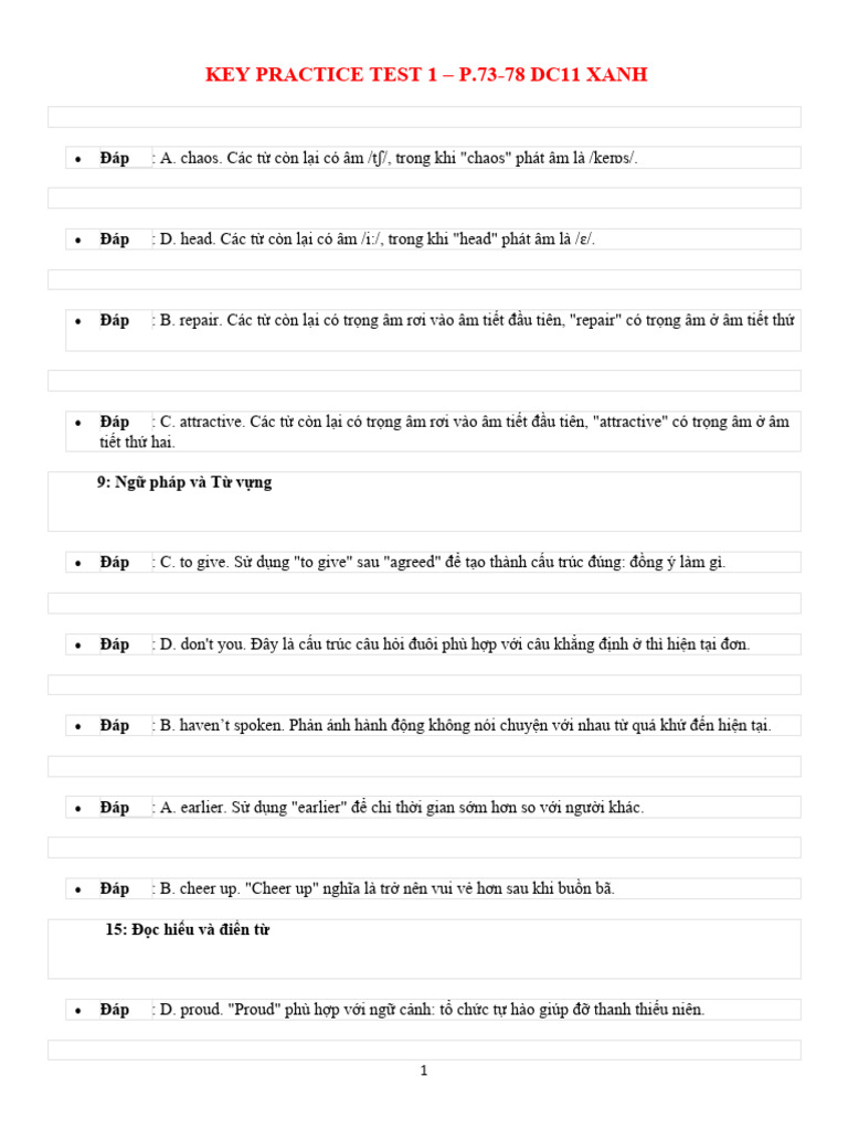 Key Practice Test 1 - p.73-78 Dc11 Xanh | PDF