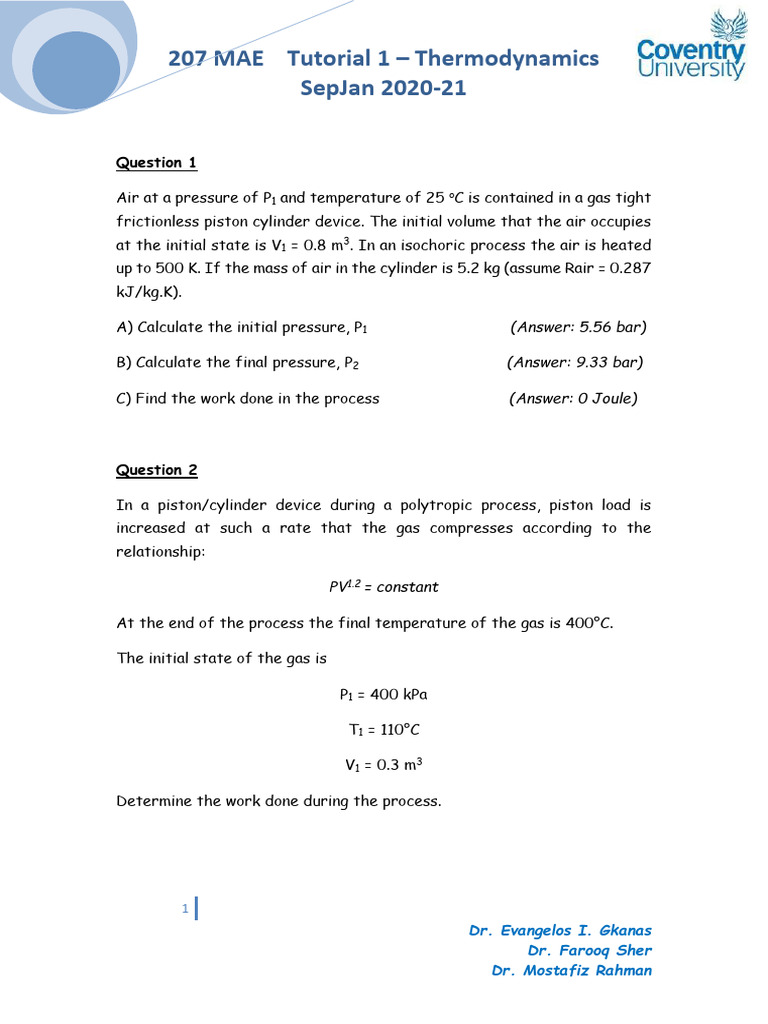 Tutorial 1 Thermo Dynamics Questions | PDF