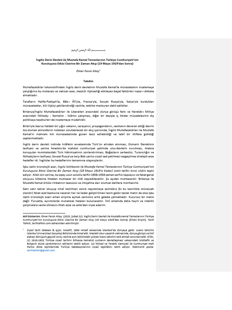 012 Ingiliz Derin Devleti Ile Mustafa Kemal Temaslarinin Turkiye Cumhuriyetinin Kurulusuna ...