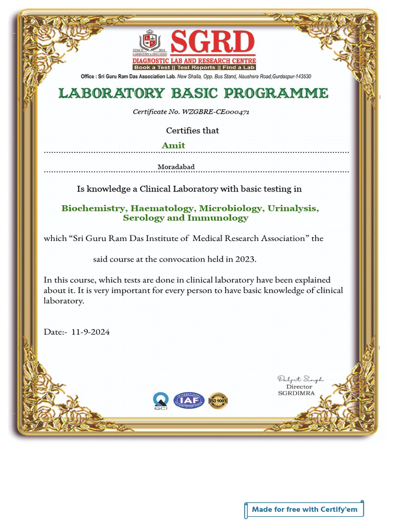 Certificate For Amit For - Medical Laboratory Programme | PDF