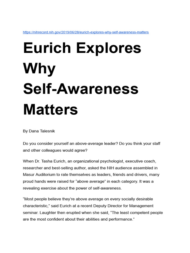 Eurich Explores Why Self-Awareness Matters | PDF | Self Awareness ...