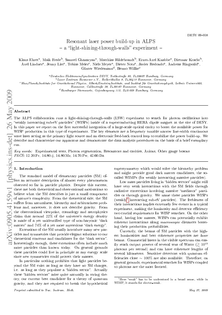 Resonant Laser Power Build-Up in ALPS A Light-Shining-Through-Walls ...