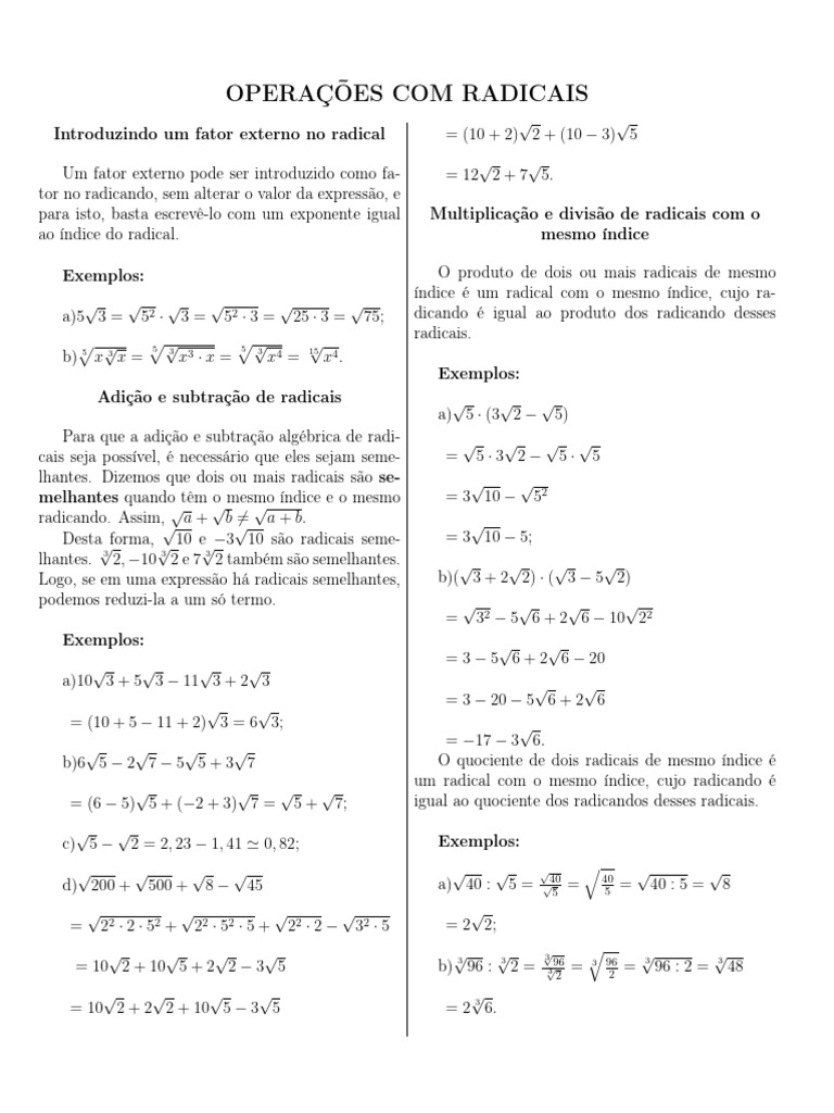 Operações Com Radicais | PDF | Multiplicação | Matemática