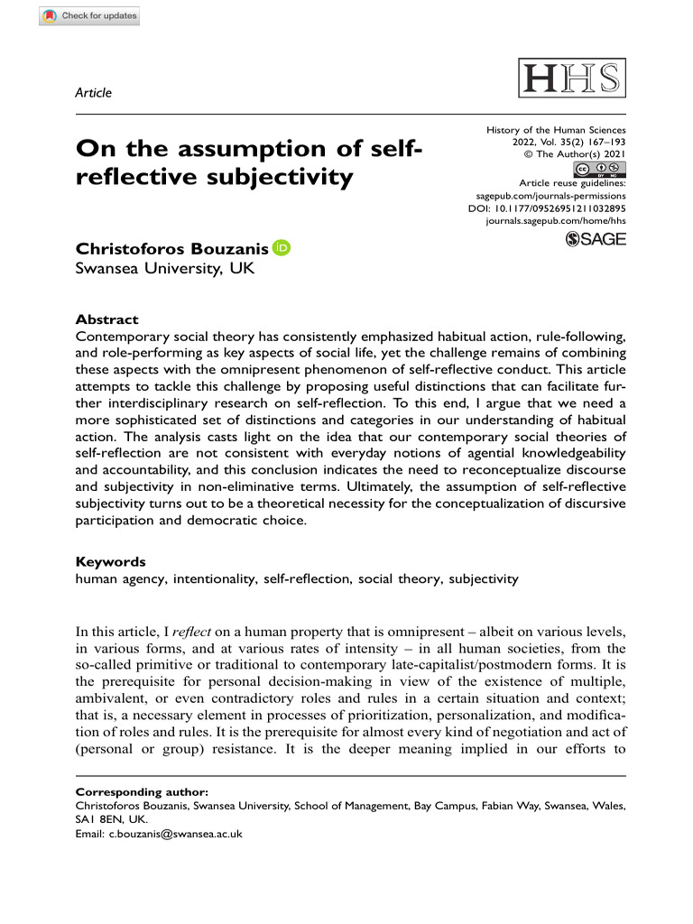 Bouzanis 2021 On The Assumption of Self Reflective Subjectivity | PDF | Epistemology ...