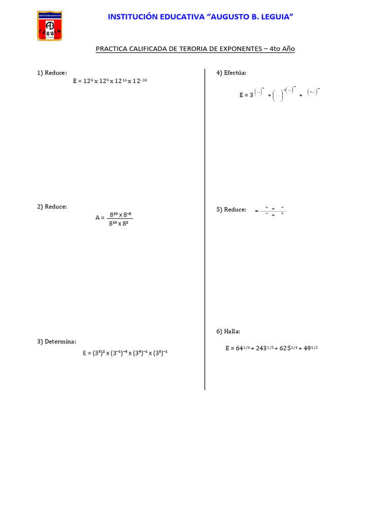 PRACTICA CALIFICADA de Teoría de Exponentes Para 4to Secundaria 23.04. ...