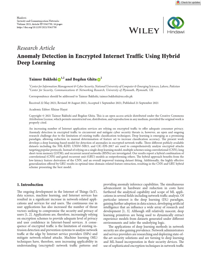 Security and Communication Networks - 2021 - Bakhshi - Anomaly Detection in Encrypted Internet ...