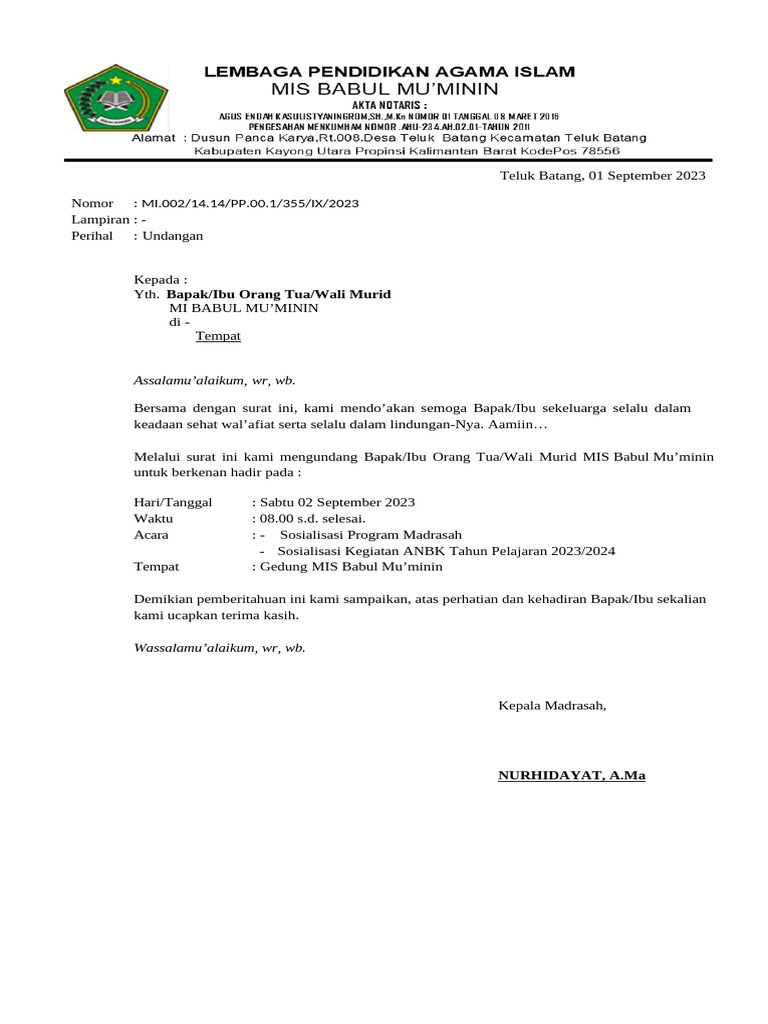 Surat Undangan Rapat Untuk Orang Tua Wali Muriddoc | PDF
