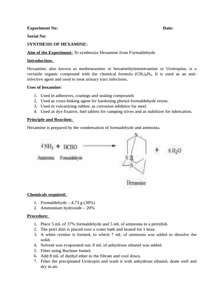 Synthesis of Hexamine | PDF