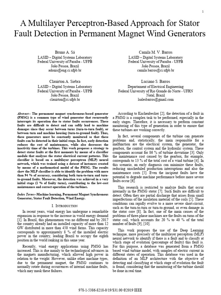 A Multilayer Perceptron-Based Approach For Stator Fault Detection in Permanent Magnet Wind ...