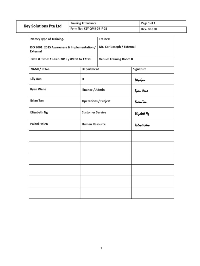 KEY-QMS-03_F-02 Training Attendance | PDF