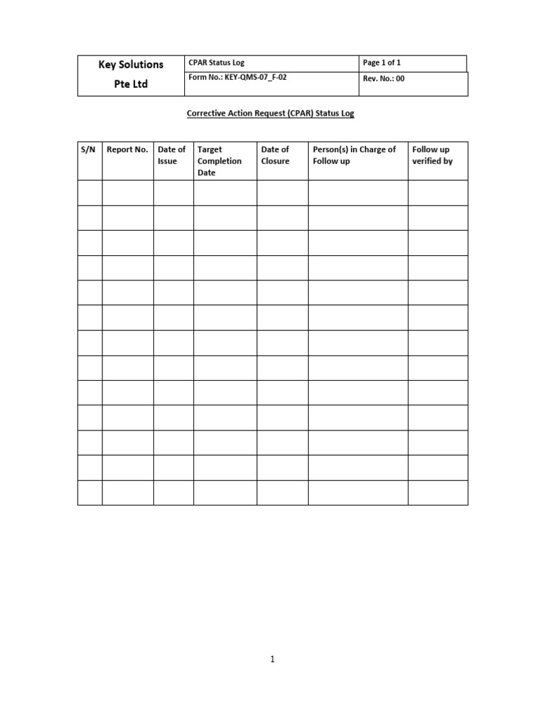 Key Qms 07 - F 02 Capa Status Log | PDF
