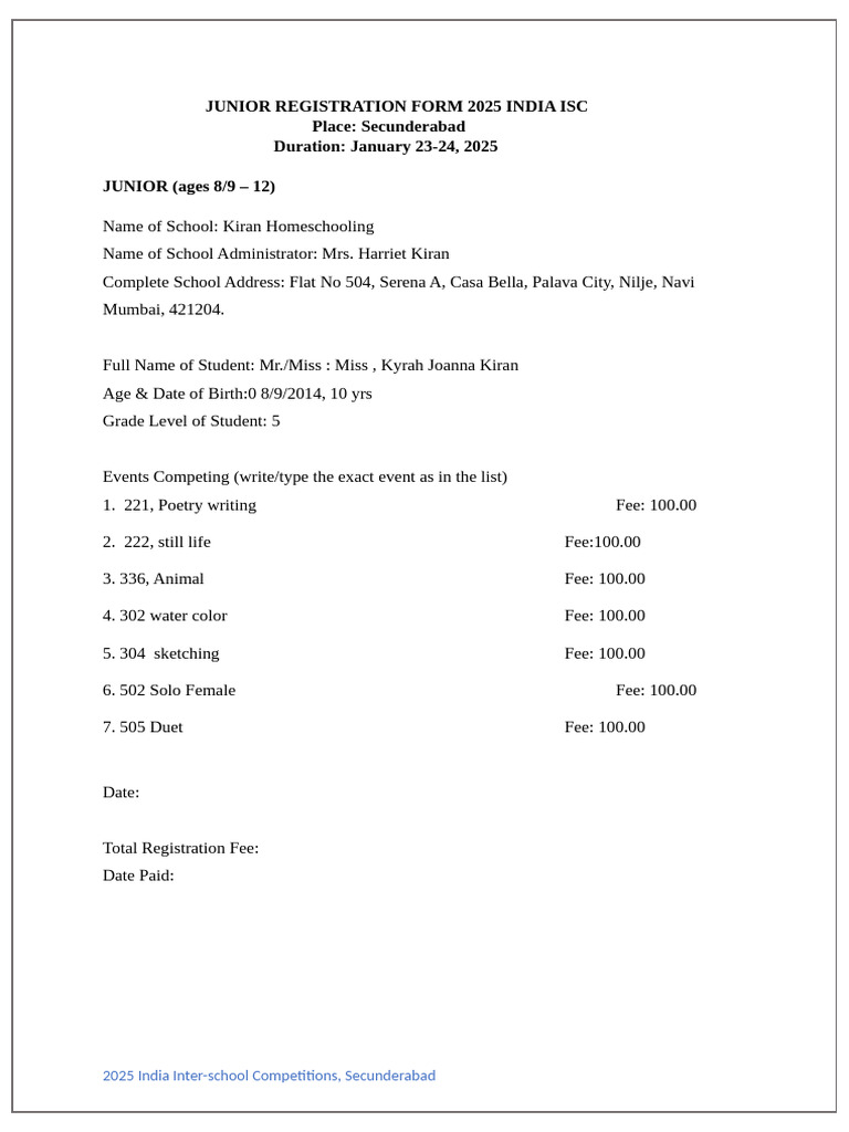 Junior Student Registration Form 2025 India Isc | PDF