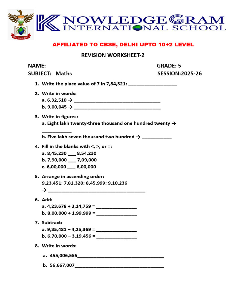 Worksheet Grade 5 Maths | PDF