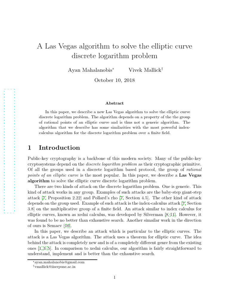 A Las Vegas Algorithm To Solve The Elliptic Curve Discrete Logarithm Problem | PDF | Matrix ...