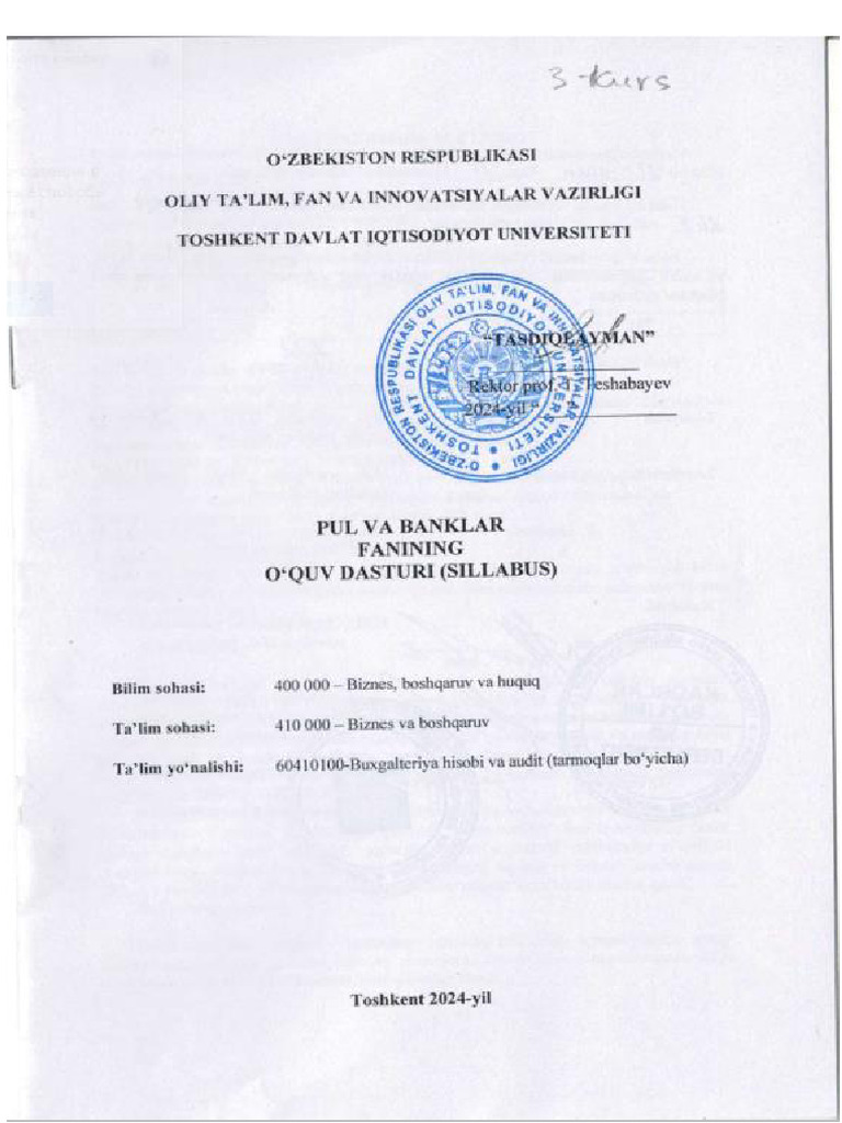 Pul Va Banklar. Kunduzgi 3-Kurs. BHA. Sillabus 2024-2025 | PDF
