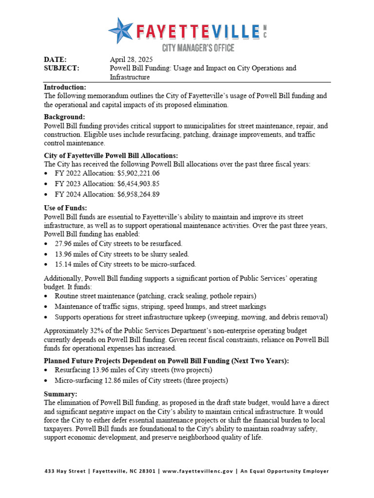 Memo Powell Bill Funding Usage and Impact 2025 | PDF | Economies ...
