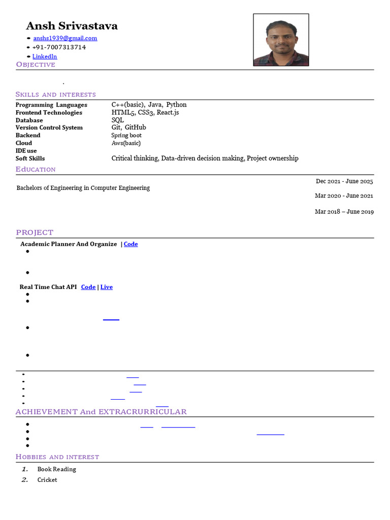 Ansh Resume For Java Graduate Tranie | PDF | Java (Programming Language) | Amazon Web Services