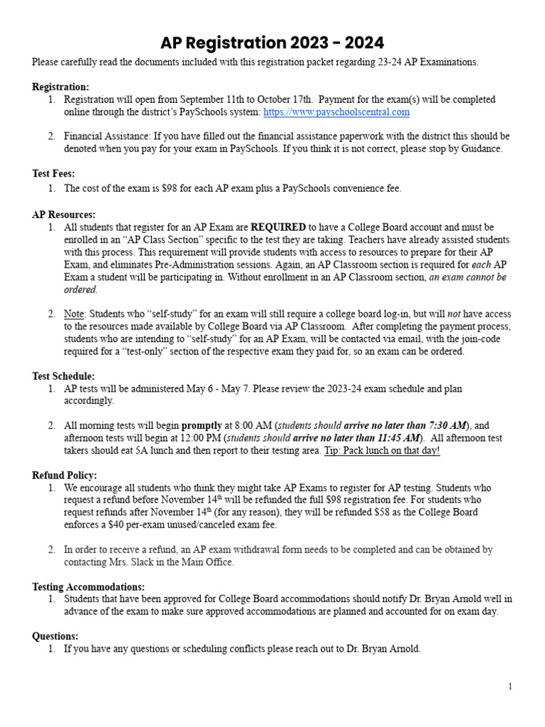 AP Exam Registration Guide 2023-24 | PDF