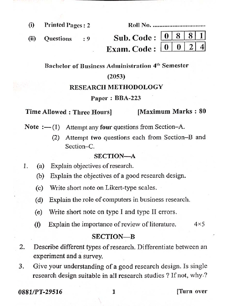 0881, Research Methodology, BBA-4th Sem | PDF