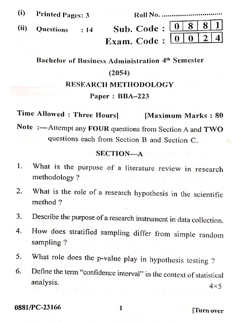 0881, Research Methodology, BBA-4TH Sem | PDF