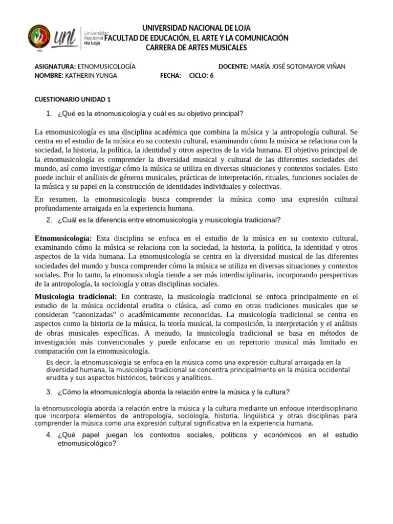 Cuestionario 1 Etnomusicología | PDF | Musicología | Instrumentos musicales