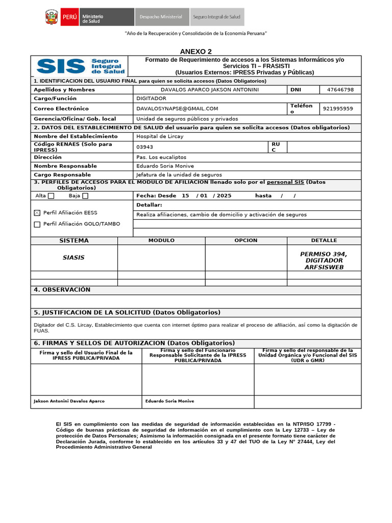 FORMATO TI NO SIS - Modelo Permiso Arfsis Web | PDF | Informática