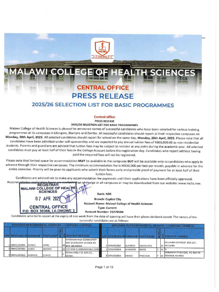 2025 Mchs Selection List-Basic Programmes Compressed | PDF