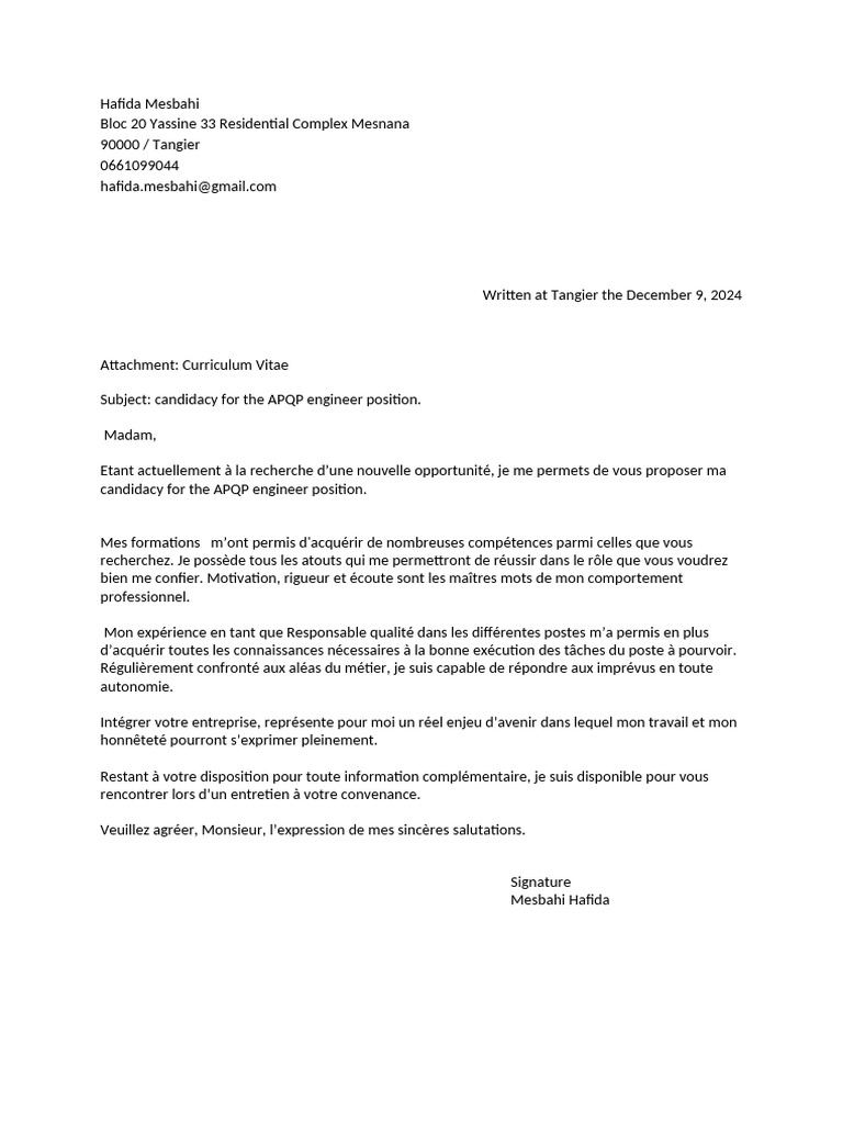 Candidature APQP Engineer - Hafida Mesbahi | PDF