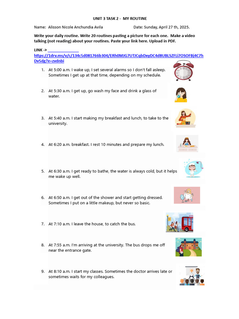 UNIT 3 TASK 2 WRITING AND TALKING ABOUT DAILY ROUTINES AA | PDF