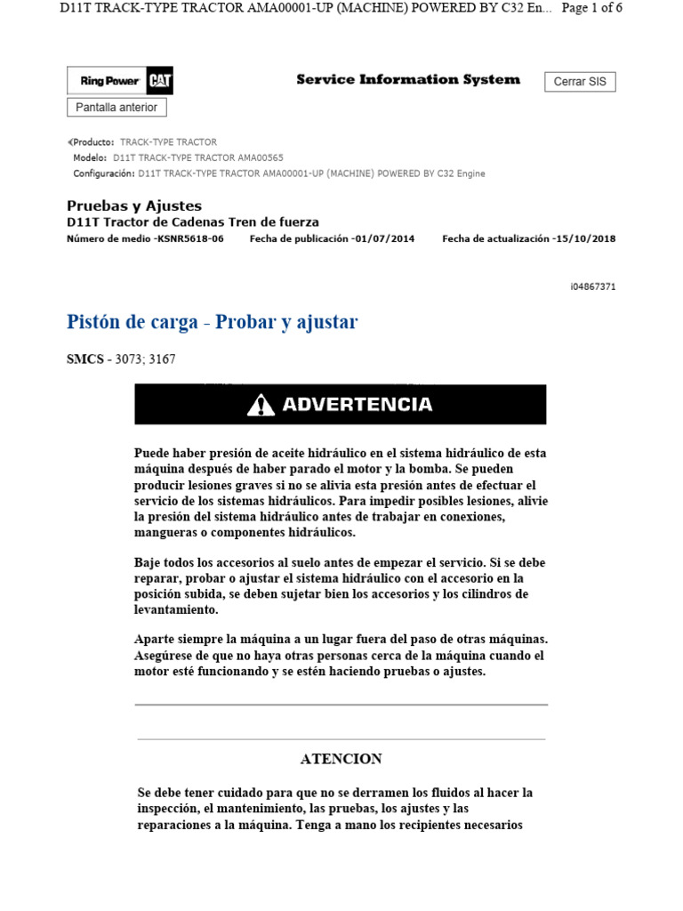 Pistón de Carga - Probar y Ajustar D11T SERIE AMA | PDF | Embrague | Tractor