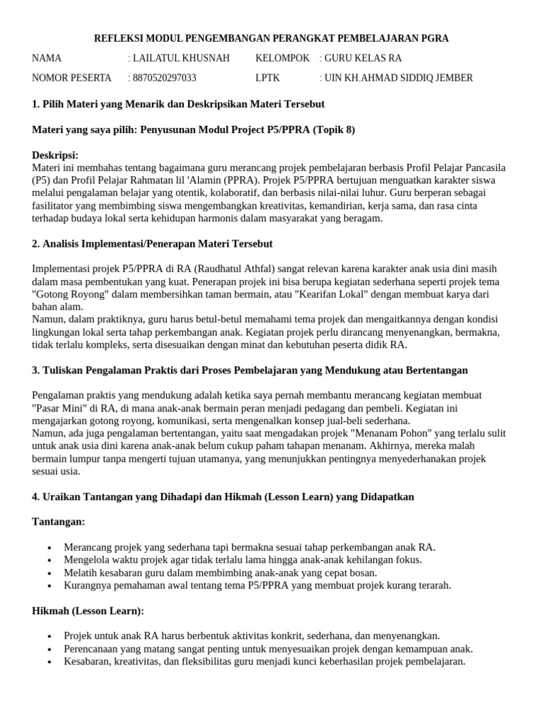 2.laila Refleksi Modul Pengembangan Perangkat Pembelajaran Pgra | PDF